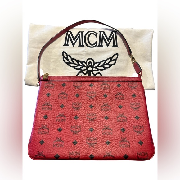 MCM | Bags | Mcm Red Leather Pouchette With Iconic Design | Poshmark